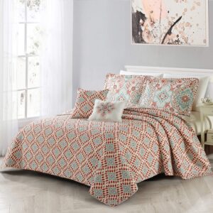 Home Soft Things Bennington Damask Printed Microfiber Quilt King 102" x 90" 5 Piece Bedding Set with Matching Shams Pillows, Coral Blue White Floral Design Reversible Bedspread Coverlet Comforter