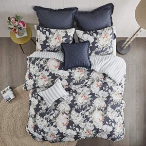 madison park 100% cotton comforter set - feminine design colorful floral print, all season down alternative bedding layer and matching shams, california king (104 in x 92 in), mavis, dark blue 8 piece