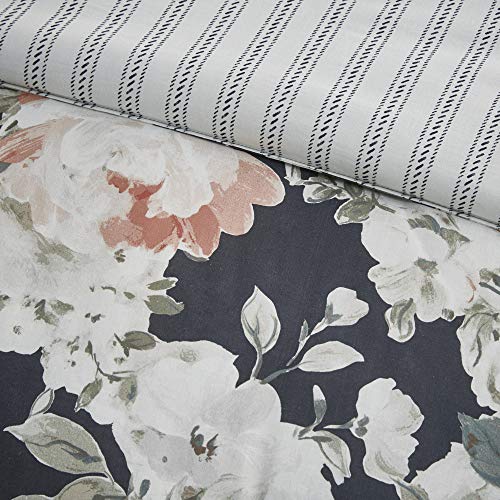 Madison Park 100% Cotton Comforter Set - Feminine Design Colorful Floral Print, All Season Down Alternative Bedding Layer and Matching Shams, California King (104 in x 92 in), Mavis, Dark Blue 8 Piece