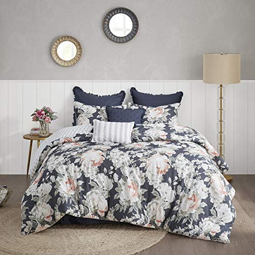 Madison Park 100% Cotton Comforter Set - Feminine Design Colorful Floral Print, All Season Down Alternative Bedding Layer and Matching Shams, California King (104 in x 92 in), Mavis, Dark Blue 8 Piece