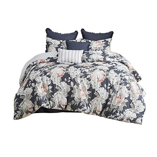 Madison Park 100% Cotton Comforter Set - Feminine Design Colorful Floral Print, All Season Down Alternative Bedding Layer and Matching Shams, California King (104 in x 92 in), Mavis, Dark Blue 8 Piece