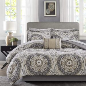 d&h 9 piece light grey medallion comforter king set, beautiful all over bohemian boho chic bedding, multi floral paisley mandala motif themed, damask flower pattern design, taupe tan dark gray