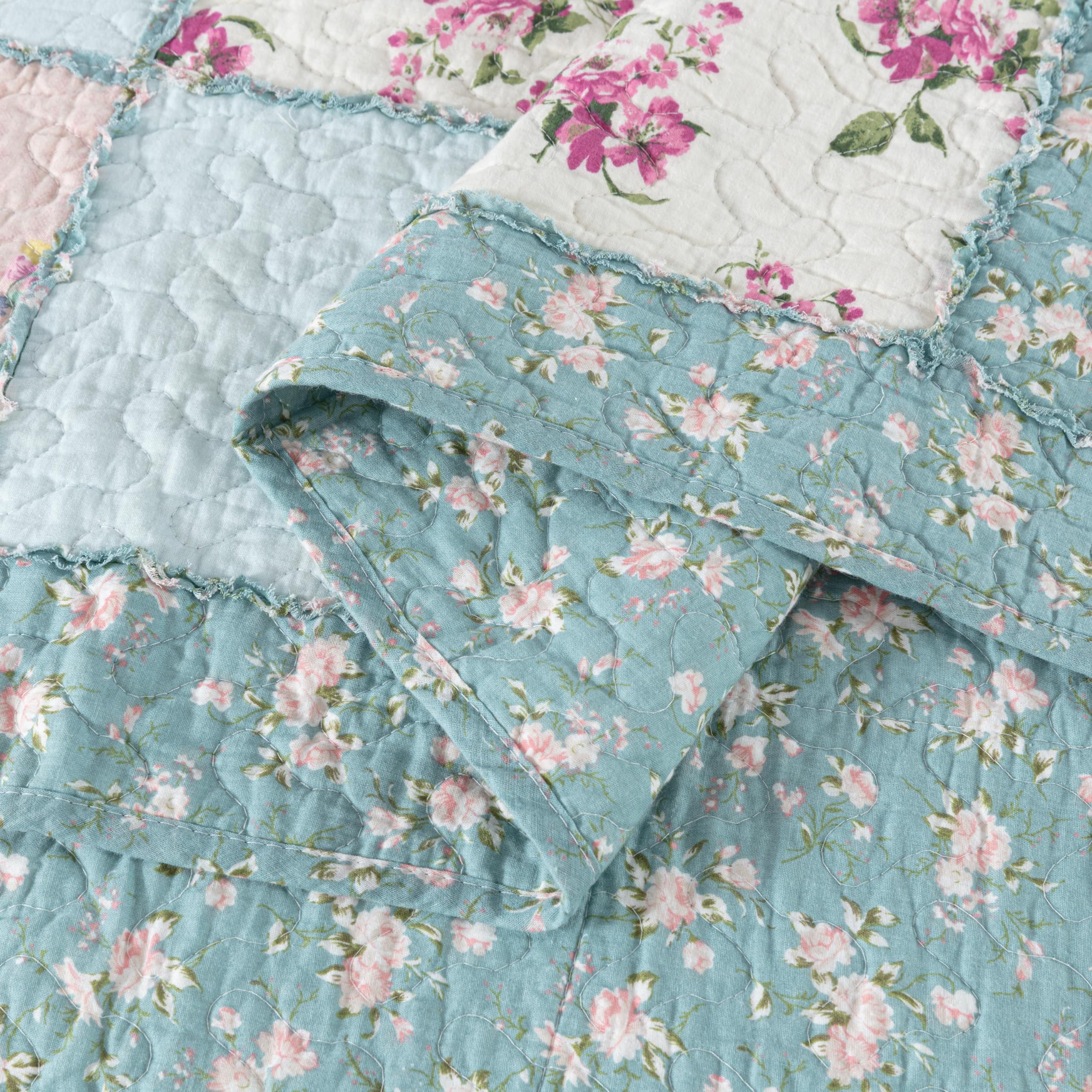 Chezmoi Collection Abbi 3-Piece Shabby Chic Bedding Queen Quilt Set Pre-Washed Cotton Floral Coverlet Bedspread Ruffled Patchwork Quilt Queen Size