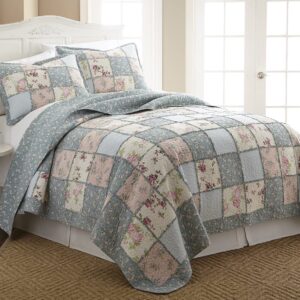 Chezmoi Collection Abbi 3-Piece Shabby Chic Bedding Queen Quilt Set Pre-Washed Cotton Floral Coverlet Bedspread Ruffled Patchwork Quilt Queen Size