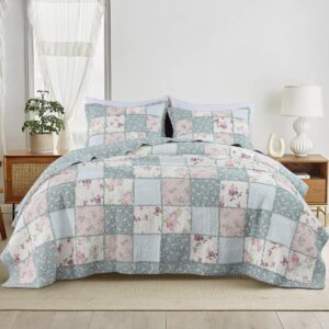 Chezmoi Collection Abbi 3-Piece Shabby Chic Bedding Queen Quilt Set Pre-Washed Cotton Floral Coverlet Bedspread Ruffled Patchwork Quilt Queen Size