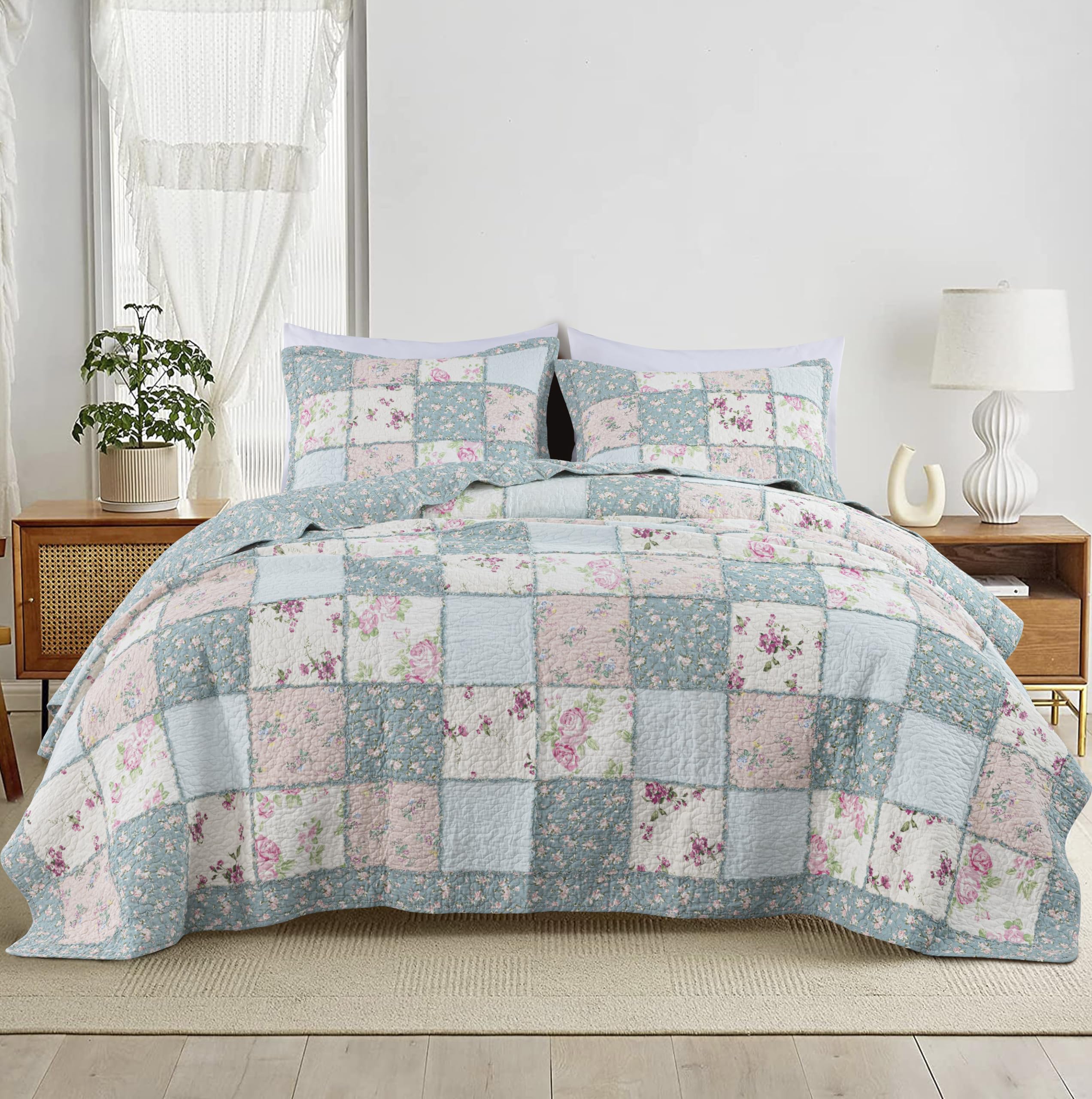 Chezmoi Collection Abbi 3-Piece Shabby Chic Bedding Queen Quilt Set Pre-Washed Cotton Floral Coverlet Bedspread Ruffled Patchwork Quilt Queen Size