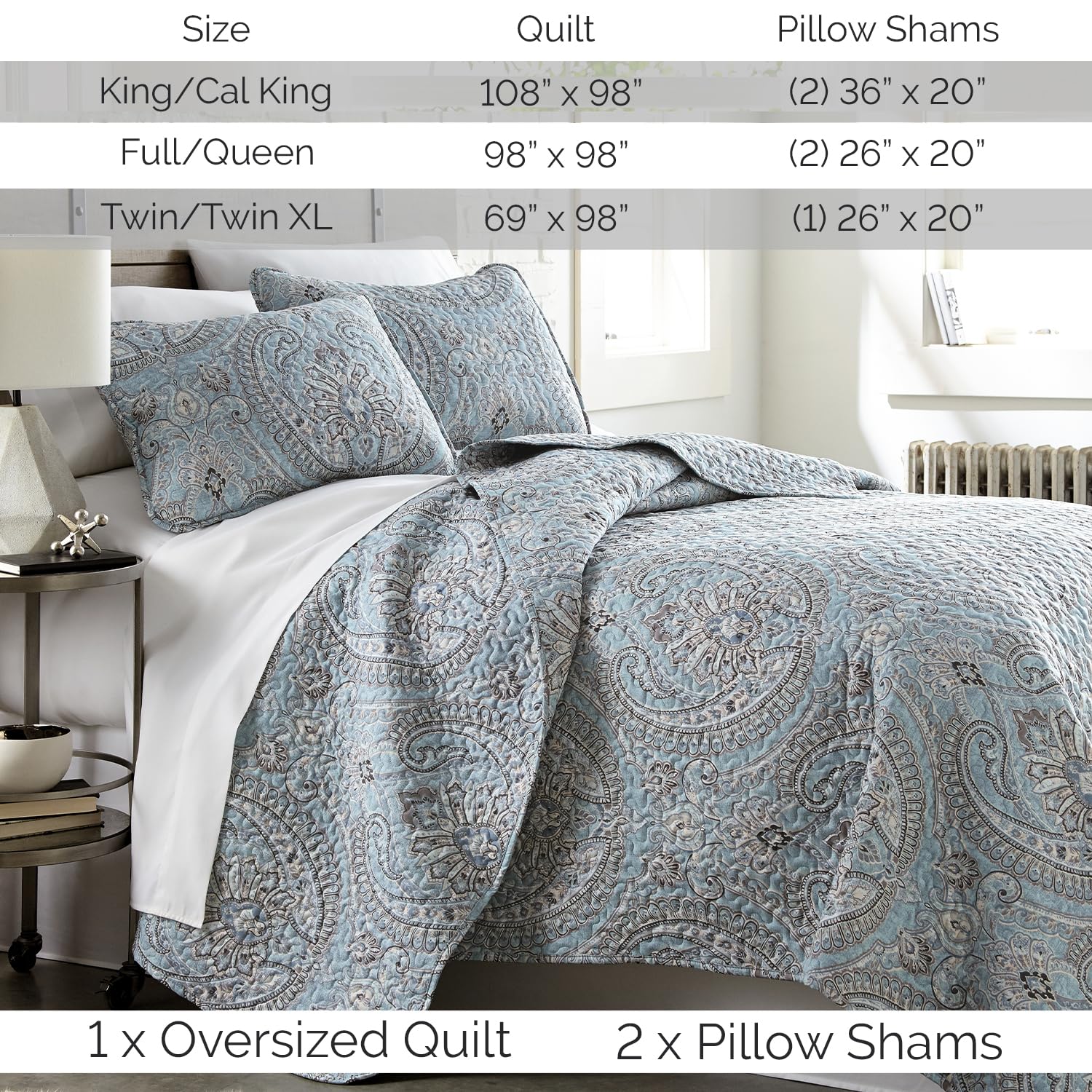 Southshore Fine Living, Inc. Oversized Bedding Quilt Set Lightweight, Summer Farmhouse Coverlet Bedspread 2-Piece with One Matching sham (68 in Wide x 98 in Long), Aqua, Twin/Twin XL