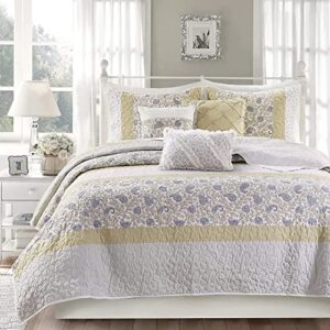 madison park 100% cotton quilt set floral print, double sided stitching, all season, lightweight coverlet shabby chic bedding layer, matching shams, full/queen, yellow 6 piece