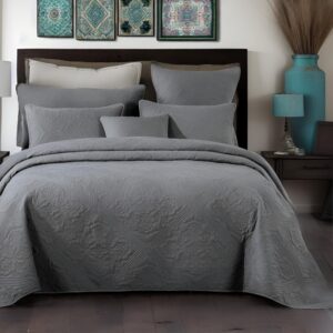 dada bedding stone washed grey elegant floral bedspread - matelassé ash silver diamond pattern quilted vintage quilt coverlet set - twin - 2-pieces