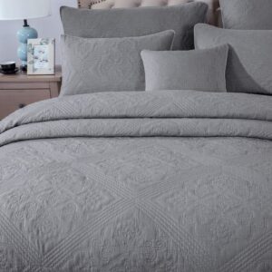 DaDa Bedding Stone Washed Grey Elegant Floral Bedspread - Matelassé Ash Silver Diamond Pattern Quilted Vintage Quilt Coverlet Set - Twin - 2-Pieces