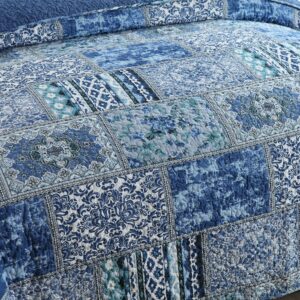 NEWLAKE Cotton Bedspread Quilt Sets-Reversible Patchwork Coverlet Set, Blue Classic Bohemian Pattern,Queen Size