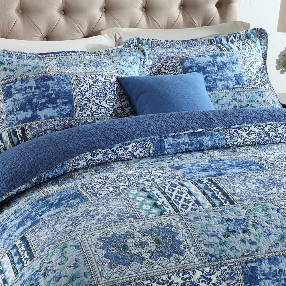 NEWLAKE Cotton Bedspread Quilt Sets-Reversible Patchwork Coverlet Set, Blue Classic Bohemian Pattern,Queen Size