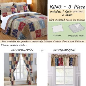 Cozy Line Home Fashions Sanders Red Navy Blue Brown Floral Print Real Patchwork, 100% Cotton Reversible Coverlet, Bedspread, Quilt Bedding Set (Red/Navy, King - 3 Piece)