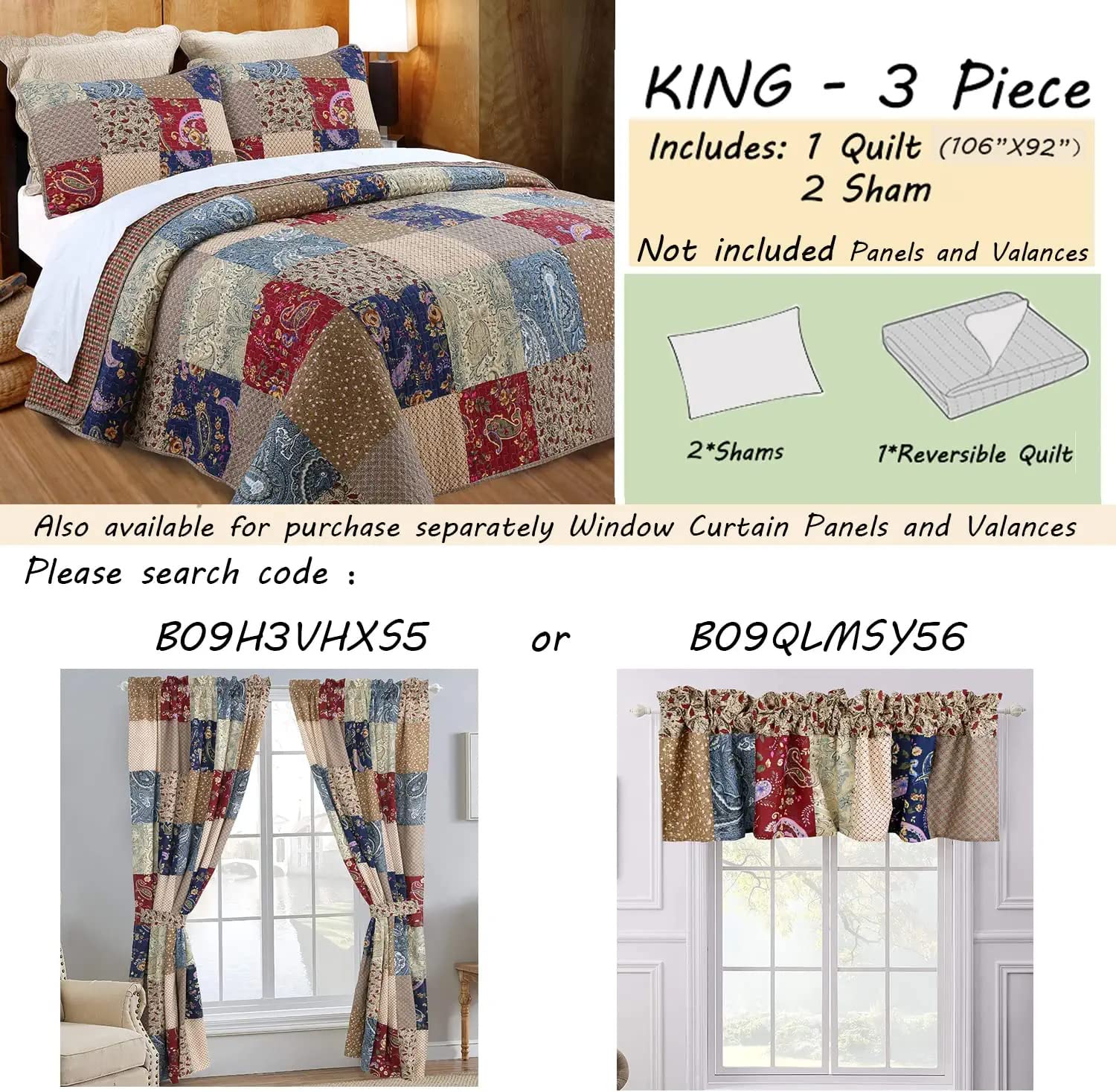 Cozy Line Home Fashions Sanders Red Navy Blue Brown Floral Print Real Patchwork, 100% Cotton Reversible Coverlet, Bedspread, Quilt Bedding Set (Red/Navy, King - 3 Piece)