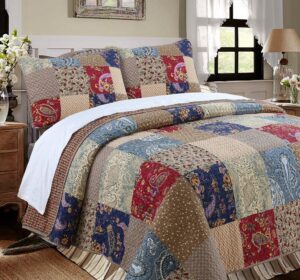 cozy line home fashions sanders red navy blue brown floral print real patchwork, 100% cotton reversible coverlet, bedspread, quilt bedding set (red/navy, king - 3 piece)