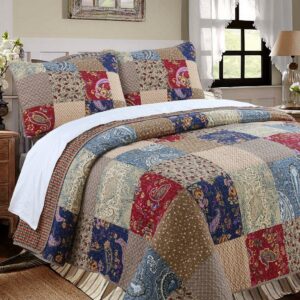 Cozy Line Home Fashions Sanders Red Navy Blue Brown Floral Print Real Patchwork, 100% Cotton Reversible Coverlet, Bedspread, Quilt Bedding Set (Red/Navy, King - 3 Piece)