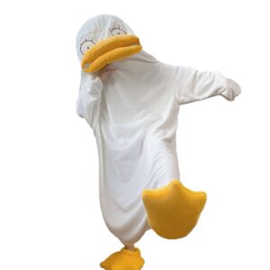 white duck funny blanket, elizabeth pajamas duck, wearable loose one-piece pajamas sleeping bag with duck foot shoes, super soft flannel hoodie anime cosplay costume for men women