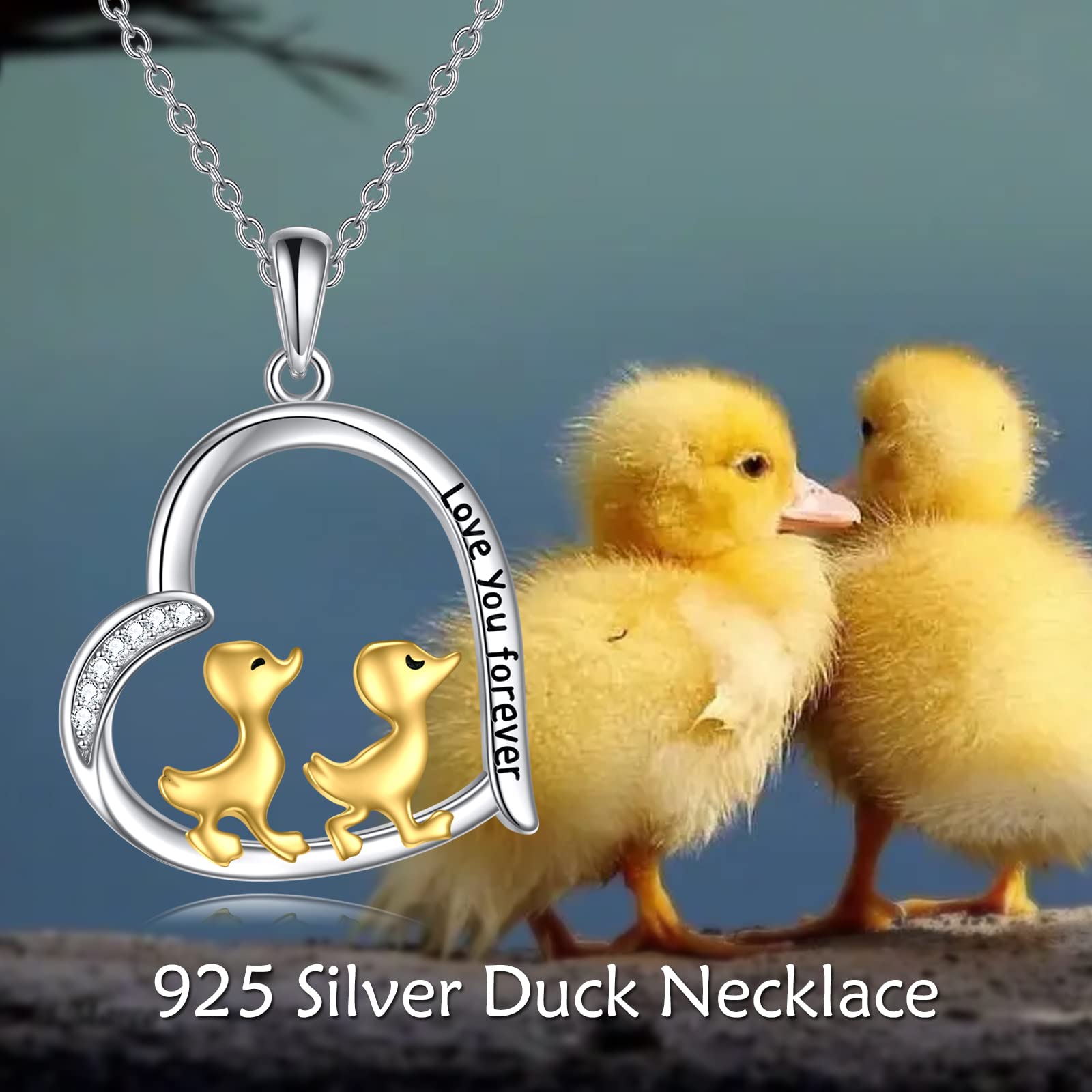 JERWLI Duck Gifts Necklace 925 Sterling Silver Duck Pendant Necklace Heart Duck Jewelry for Women Duck Lovers Gifts