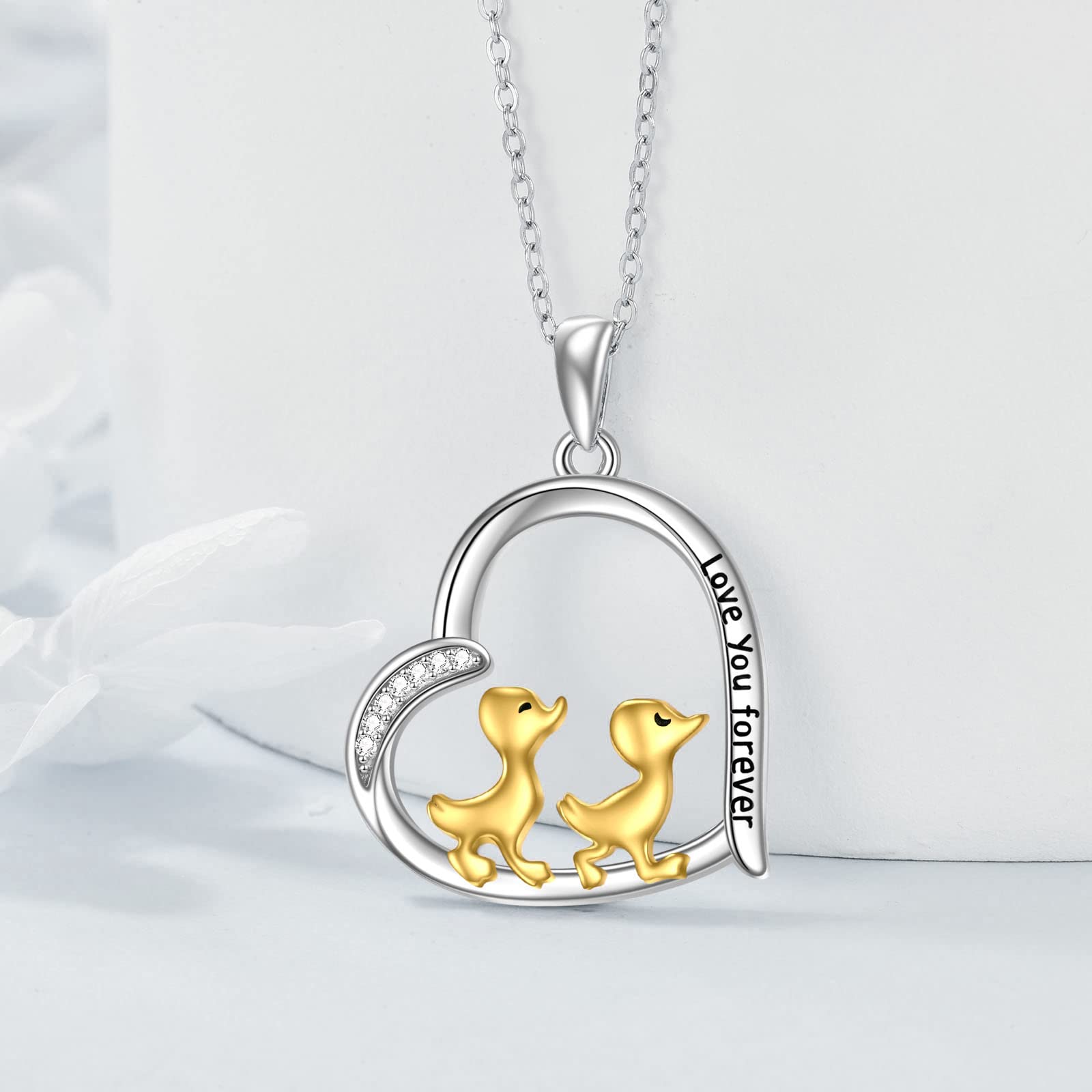 JERWLI Duck Gifts Necklace 925 Sterling Silver Duck Pendant Necklace Heart Duck Jewelry for Women Duck Lovers Gifts