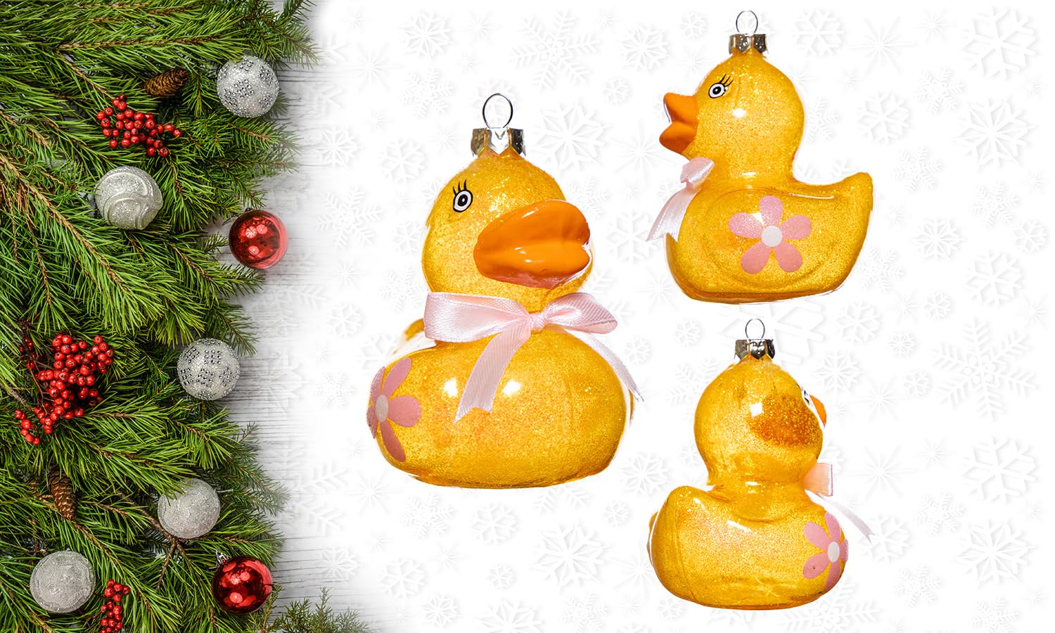 Set of 2 Hand Blown Glass Rubber Duck Ornament for Christmas Tree, Cute Hanging Glass Rubber Duck Christmas Ornament