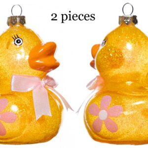 Set of 2 Hand Blown Glass Rubber Duck Ornament for Christmas Tree, Cute Hanging Glass Rubber Duck Christmas Ornament