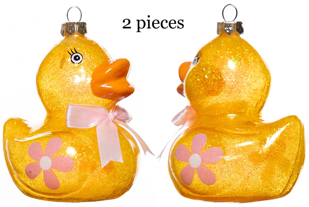 Set of 2 Hand Blown Glass Rubber Duck Ornament for Christmas Tree, Cute Hanging Glass Rubber Duck Christmas Ornament