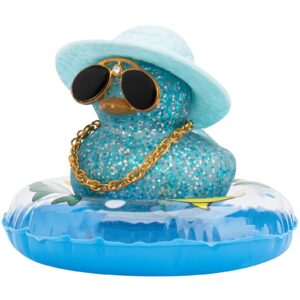 wonuu car duck ornament dashboard decorations rubber duck car for car dashboard accessories with swim ring sunglasses hat and necklace, b_light blue_blue sun hat_dolphin