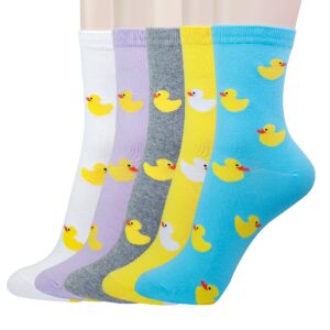 kony 5 pack women's cute animal socks cotton cat dog duck patterned novelty fun crew socks gift size 6-9 (ducks)