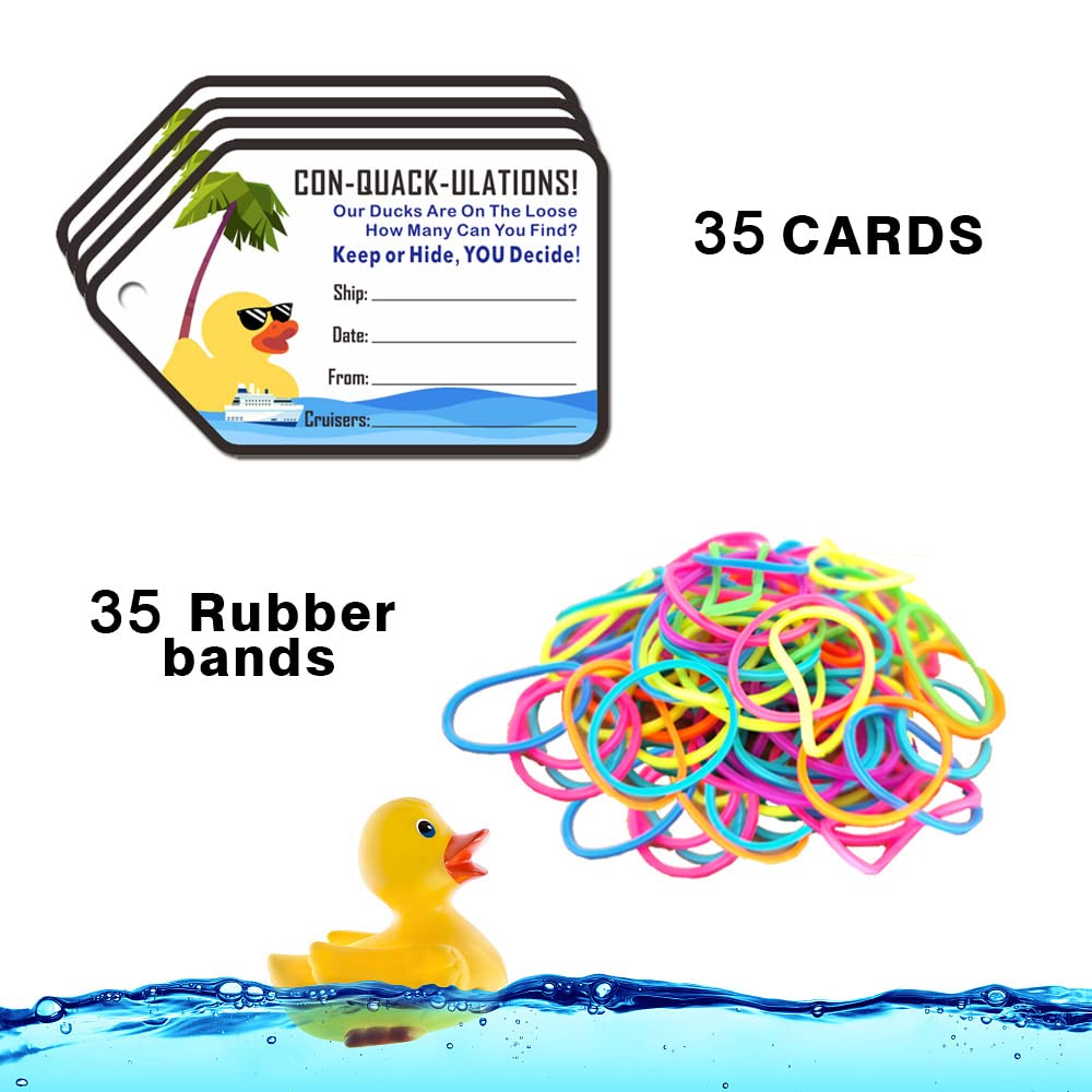 Duck Duck Tags, Cruising Rubber Duck Tag, Ducking Game Cards, 35 Pack, 2.2 x 3.5 Inches, with Hole and 35 Rubber Bands