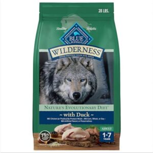 blue buffalo wilderness natural high-protein dry food for adult dogs, with wholesome grains, duck, 28-lb bag.