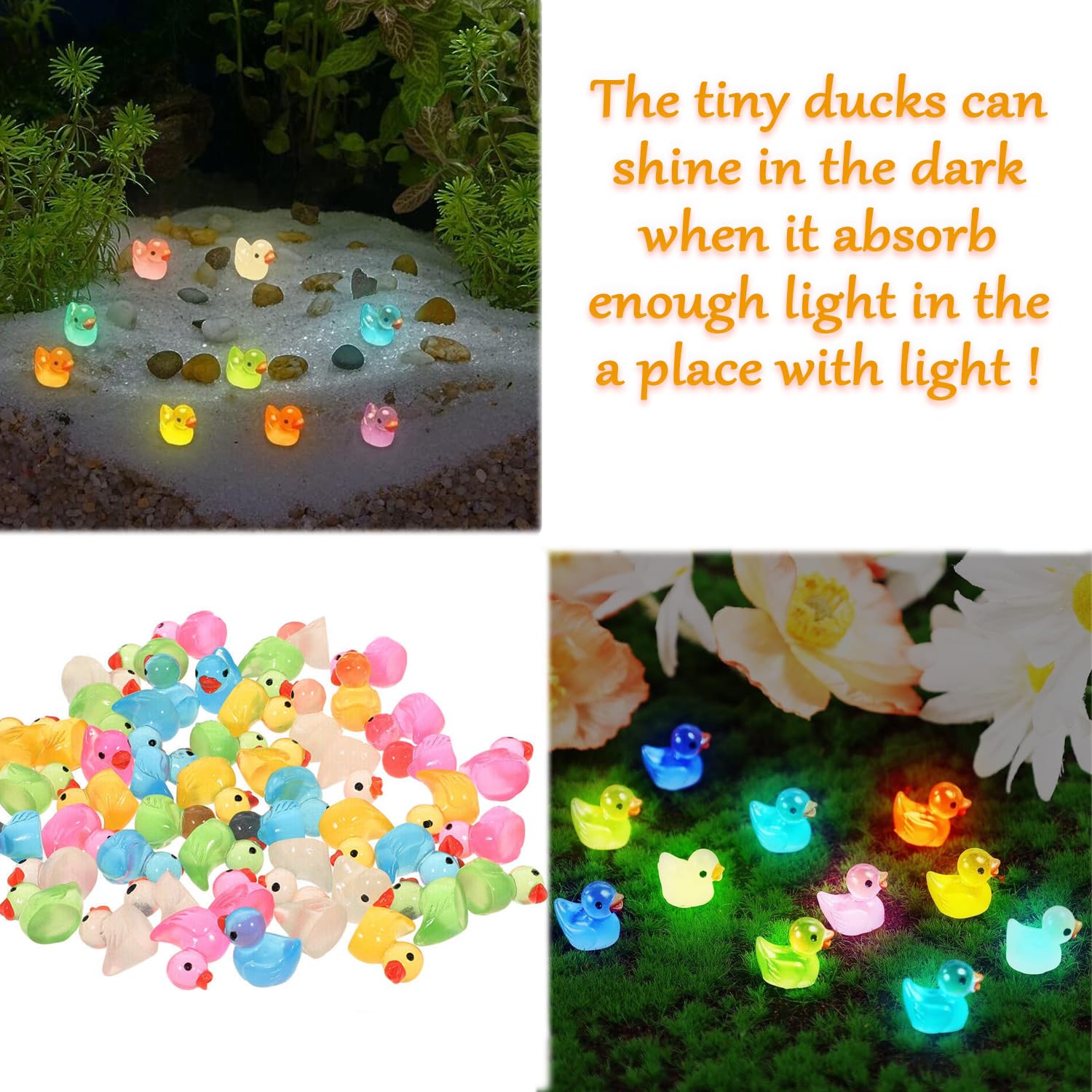 Cidinge 60 Pcs Mini Resin Ducks Luminous Tiny Ducks Miniature Duck Glow in The Dark for DIY Garden Dollhouse Duck Accessories Micro Landscape Aquarium Party Decor