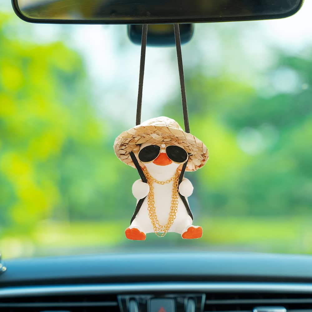 Qiwen Rear View Mirror Hanging Accessories of Swinging Duck Car Hanging Ornament Cute Car Accessories for Teens Men Women Car Mirror Hanging Accessories Truck Car Pendant Car Charm (Cool A)