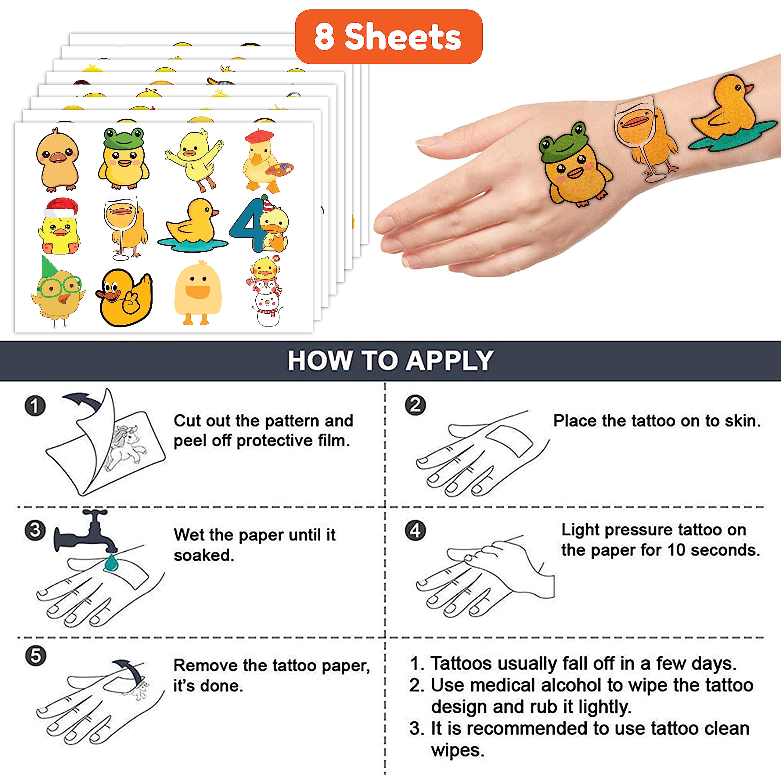 8 Sheets (96PCS) Rubber Duck Temporary Tattoos Birthday Party Decorations Supplies Tattoos Stickers Cute Party Favors Kids Girls Boys Gifts Classroom School Prizes Themed