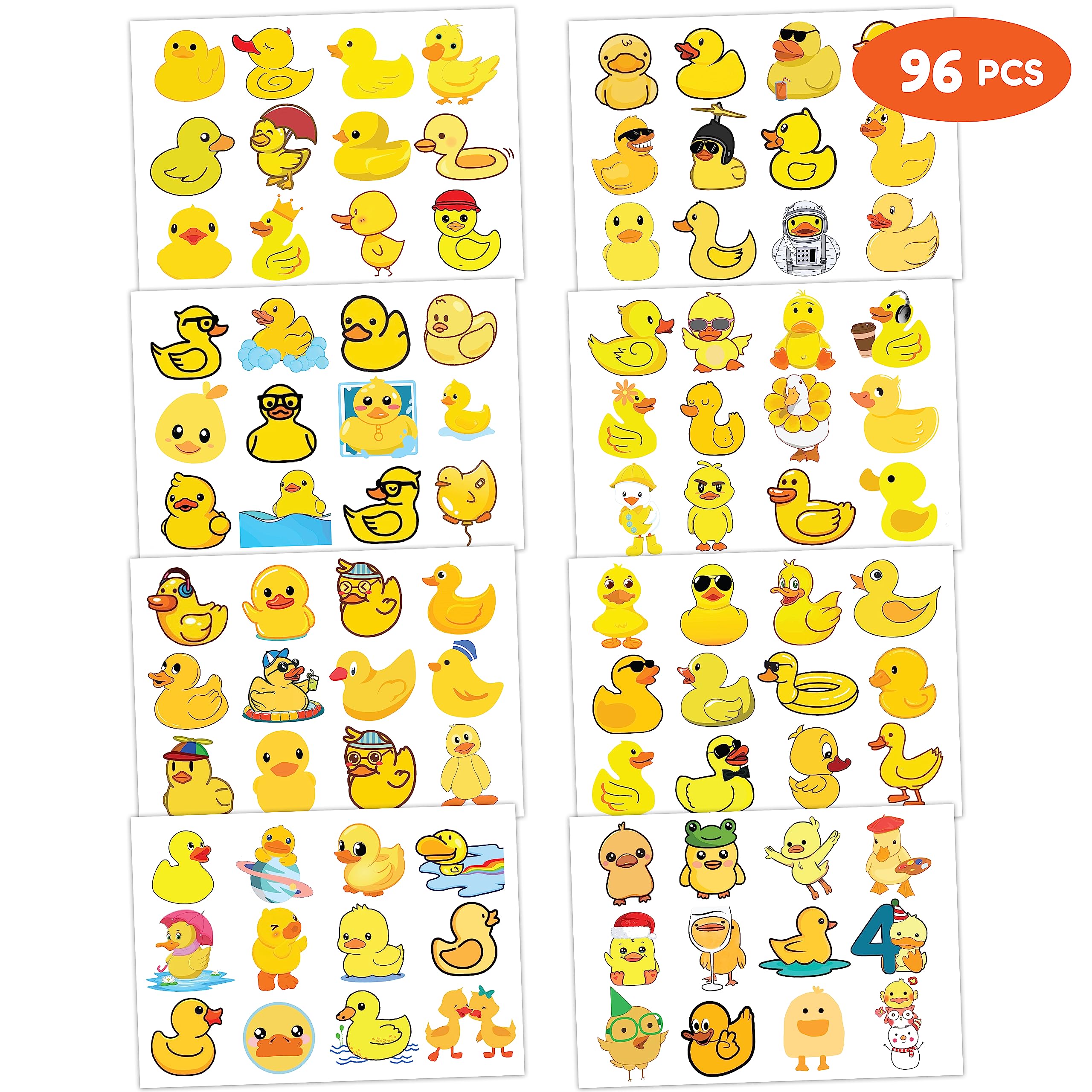 8 Sheets (96PCS) Rubber Duck Temporary Tattoos Birthday Party Decorations Supplies Tattoos Stickers Cute Party Favors Kids Girls Boys Gifts Classroom School Prizes Themed