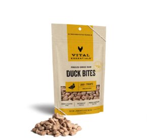 vital essentials freeze dried raw whole animal dog treats, duck bites, 2 oz