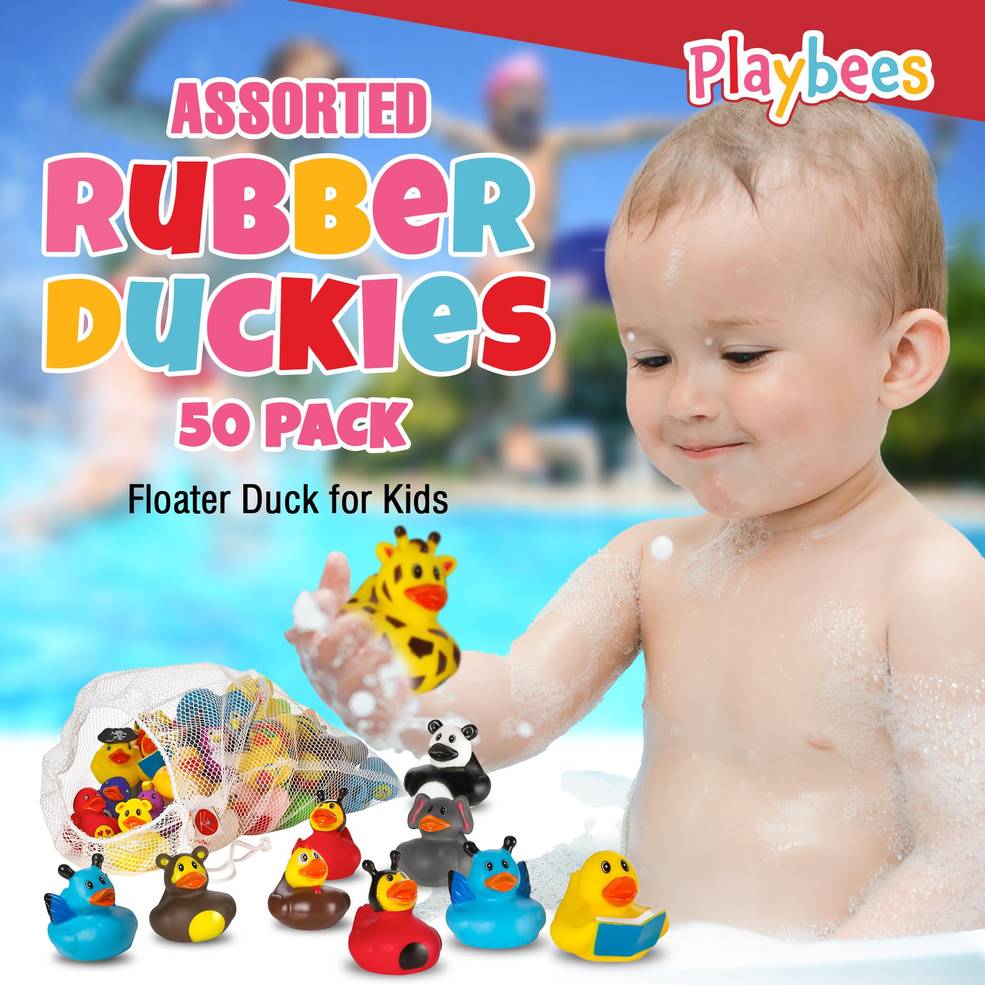 Playbees Assortment Rubber Duck Toy Duckies for Kids - 50 Pack - Sensory Play, Stress Relief, Stocking Stuffers, Bath Birthday Gifts Baby Showers Classroom Incentives, Summer Beach and Pool Activity