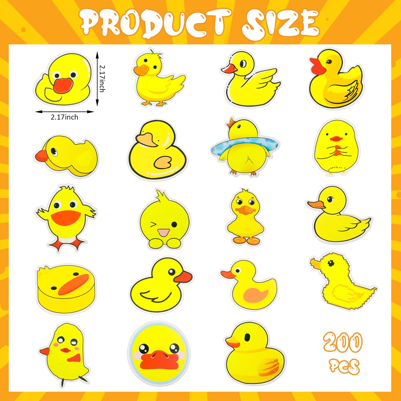 Sabary 200 Pcs Duck Stickers Bulk Cute Yellow Duck Waterproof Vinyls Stickers Decal Gifts for Water Bottles Sticker for Kids Teen Laptop Luggage Phone Skateboard Refrigerators Guitar