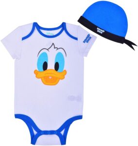 disney boys’ mickey mouse or donald duck costume bodysuit and hat set for newborn and infant – black/red or blue/white