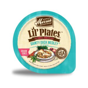 merrick lil’ plates grain free and gluten free natural wet dog food for small dogs, soft dainty duck medley - (pack of 12) 3.5 oz. tubs