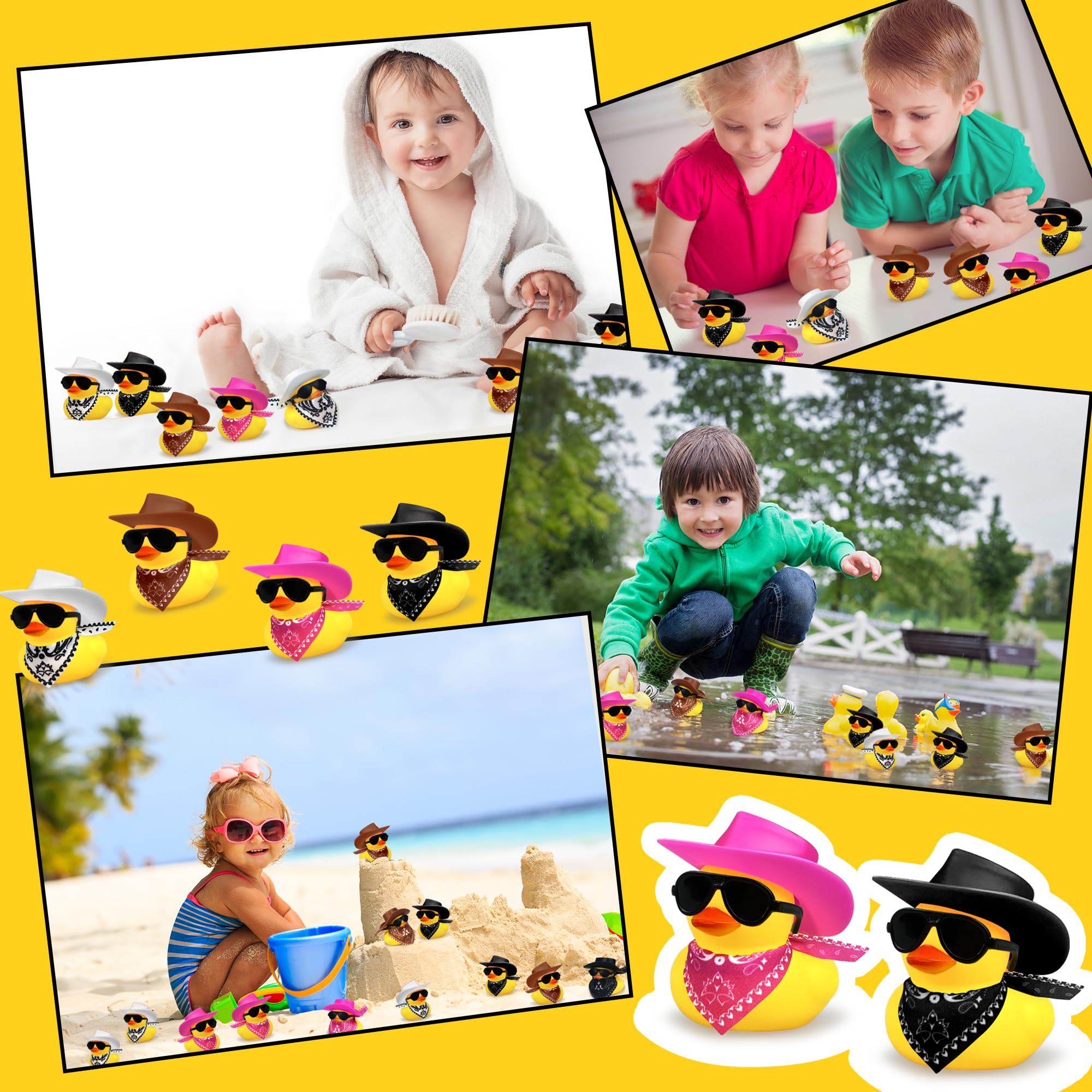 12 PCS Cowboy Duck with Hat and Sunglasses Mini Duckies Toys for Birthday Swimming Party Gift Favor