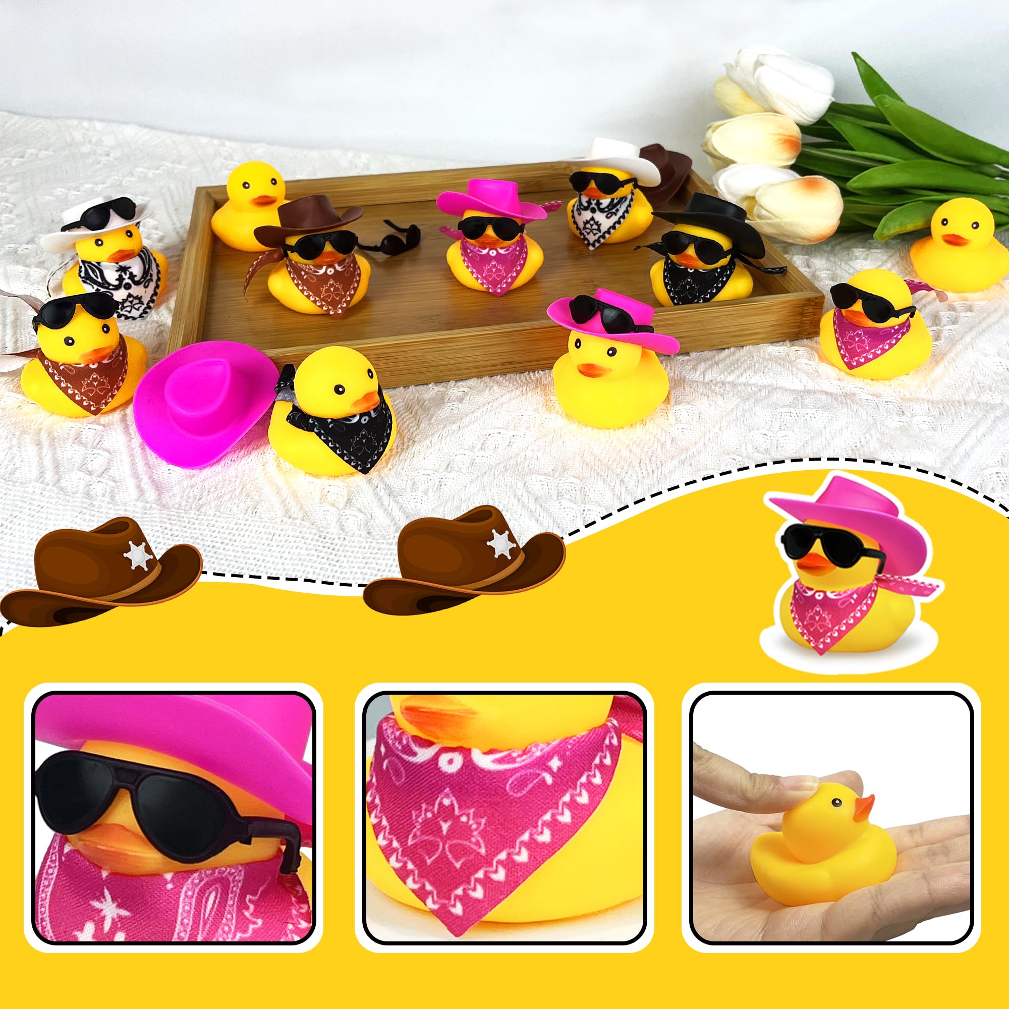 12 PCS Cowboy Duck with Hat and Sunglasses Mini Duckies Toys for Birthday Swimming Party Gift Favor