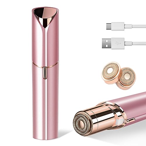 Facial Hair Removal for Women, Painless Womens Facial Hair Remover with 2 Replacement Heads, Lipstick-Sized, USB Rechargeable, Facial Hair Remover for Upper Lip,Chin,Peach Fuzz,Mustache（Rose Gold）