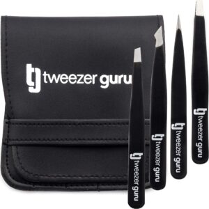 tweezer guru eyebrow tweezer set (4-piece) for women & men - professional slant and pointed tweezers set with case - precision tweezers kit for facial hair, splinter and ingrown hair removal