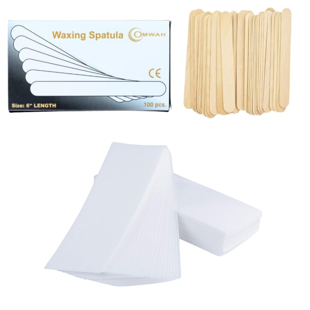 OMWAH 300 Piece Set Non-Woven 3x9 Wax Strips Large With Wooden Waxing Spatulas Wax Sticks for Hair Removal