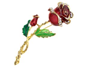 alilang womens belle red rose flower enamel crystal rhinestone brooch pin golden tone