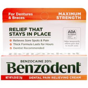 benzodent dental pain relieving cream for dentures and braces, topical anesthetic, 0.25 ounce tube