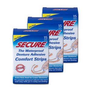 secure comfort strips waterproof denture adhesive - zinc free - extra firm hold for lower dentures - 15 strips (pack of 3)