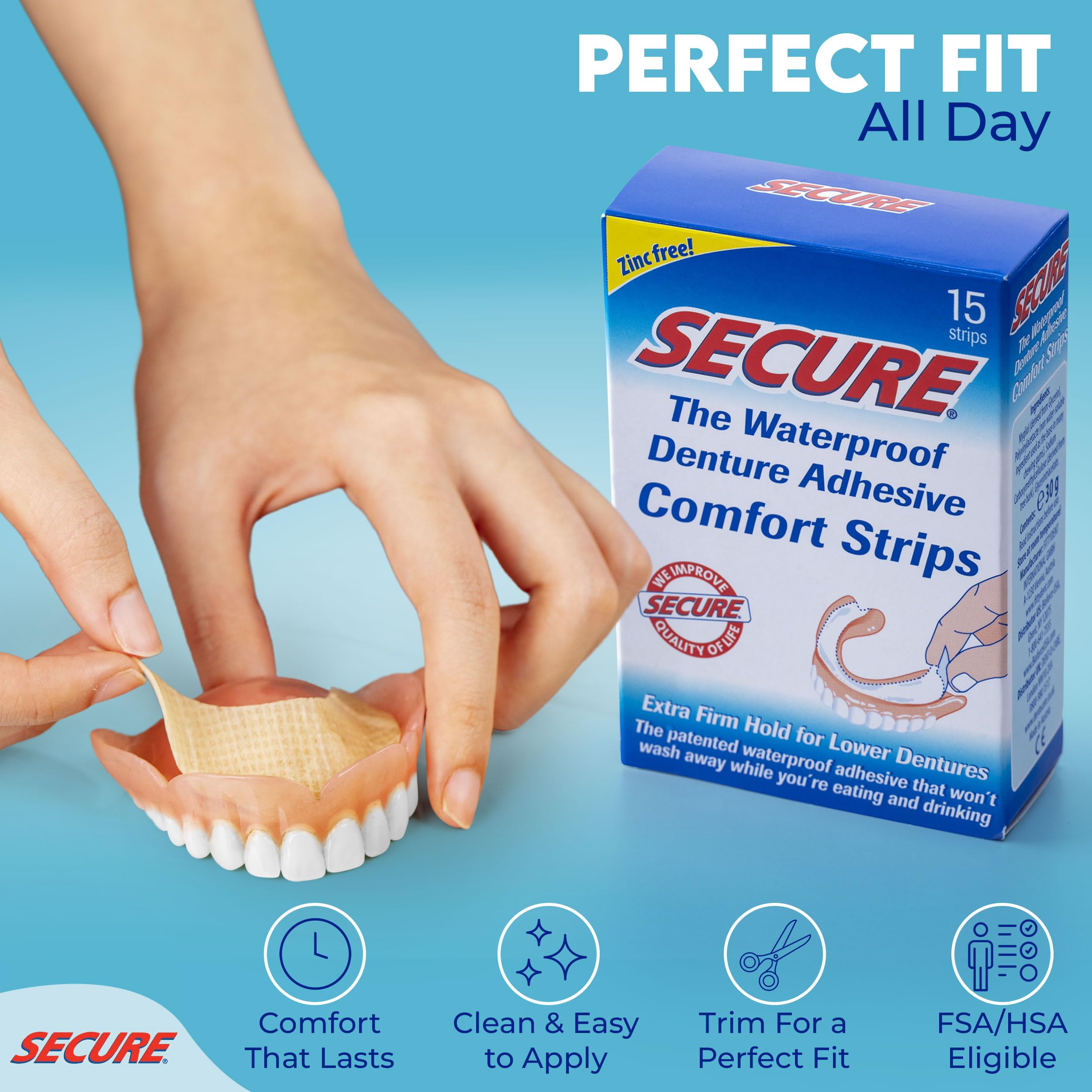 Secure Comfort Strips Waterproof Denture Adhesive - Zinc Free - Extra Firm Hold For Lower Dentures - 15 Strips (Pack of 3)