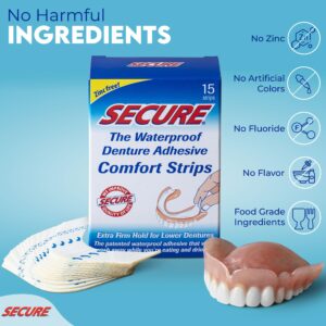 Secure Comfort Strips Waterproof Denture Adhesive - Zinc Free - Extra Firm Hold For Lower Dentures - 15 Strips (Pack of 3)