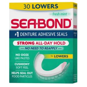 sea bond secure denture adhesive seals, fresh mint lowers, zinc-free, all-day-hold, mess-free, 30 count (pack of 1)